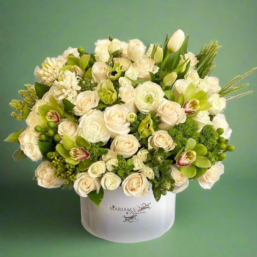 White and Green Flower Box Arrangement - Mariams Flowers